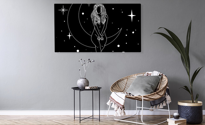 Tableau Naked Woman Sitting On The Moon In Trendy Linear Minimal Style