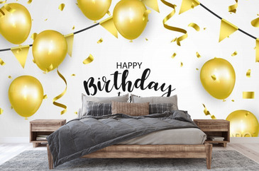 Naklejka Happy Birthday balloons Gold celebration background with confetti. na wymiar prezent b yszcz cy ilustracja REDRO.pl