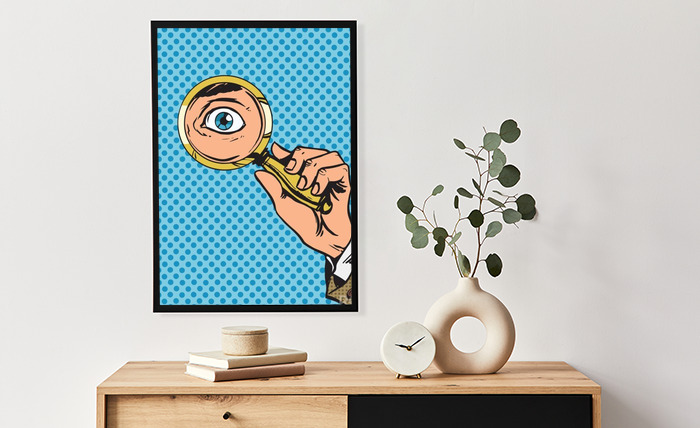 Poster Kijk door een vergrootglas op zoek ogen pop art comics opnieuw ...