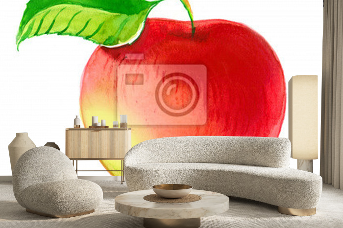 Fototapeta Akwarela jabłko z liści na wymiar • czerwony, akwarela, owoc ...