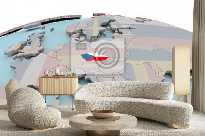 Fototapeta Polityczna mapa Republiki Czeskiej na świecie z flagą na wymiar • flaga, podróżować ...