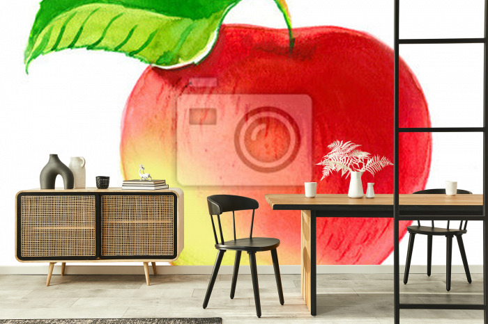 Fototapeta Akwarela jabłko z liści na wymiar • czerwony, akwarela, owoc ...