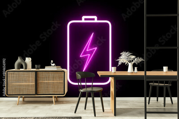 Fototapeta Battery charging with a power bolt icon. Purple color neon ...