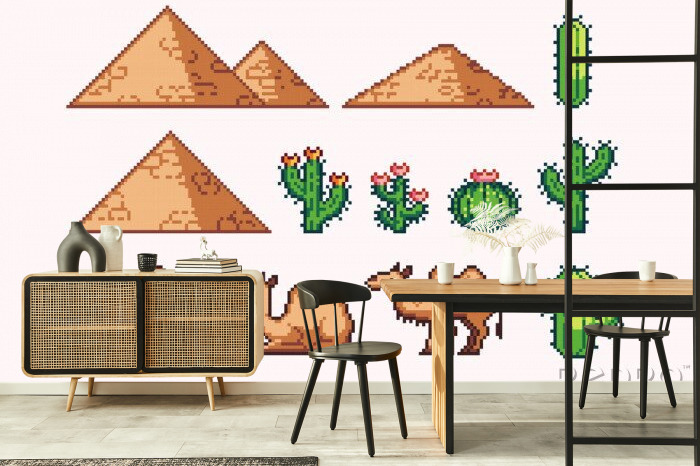 Naklejka Egyptian pyramids, camel, cacti pixel art set. Sahara animals ...