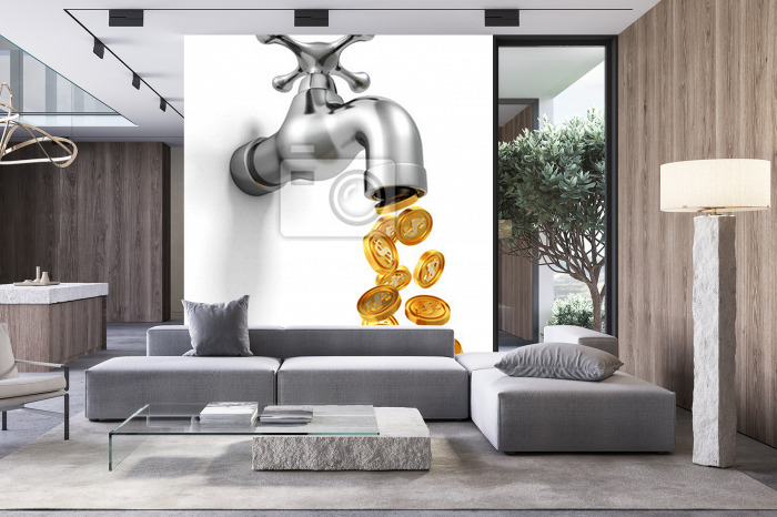 Fototapeta Cieknący kran z złote monety. Pojęcie welth na wymiar ...