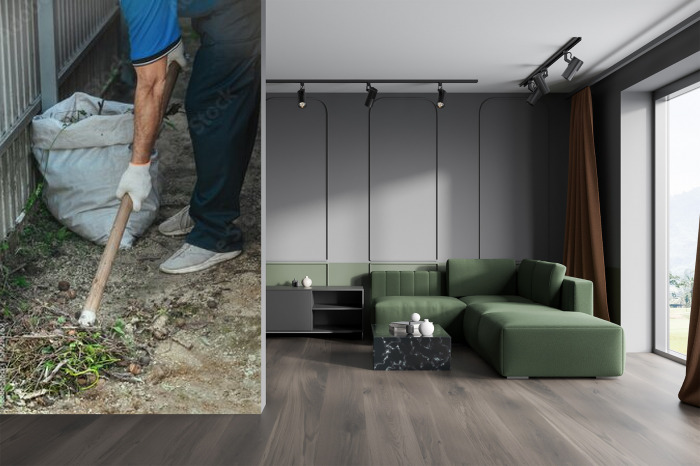 Fototapeta a man in his yard of the house puts things in order and ...