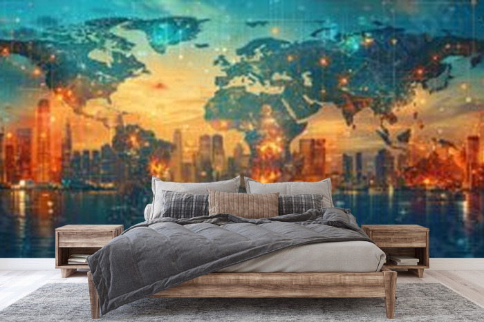 Naklejka Global Network: Map with connecting lines, screens with ...