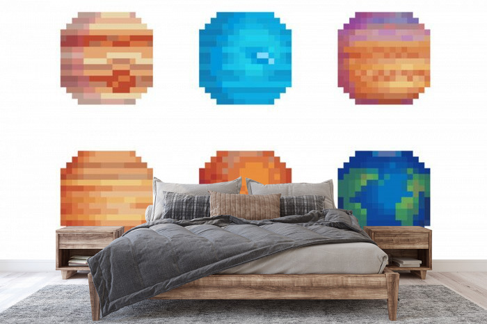 Naklejka Planets pixel art set. 80s video game sprites. Solar system ...