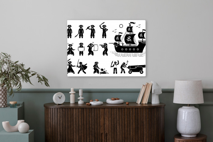 Obraz Pirate poses and ship. Stick figure pictogram depicts pirates na ...