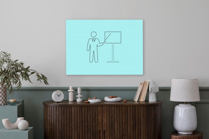 Obraz Prezentacja znak ikona. Człowiek stojący ze wskaźnikiem na wymiar ...