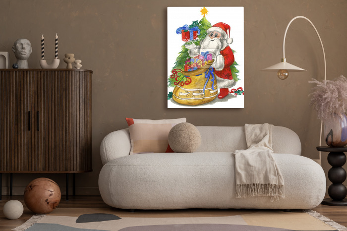 Obraz Święty Mikołaj z ulicy i choinka, akwarela na wymiar • czerwony ...