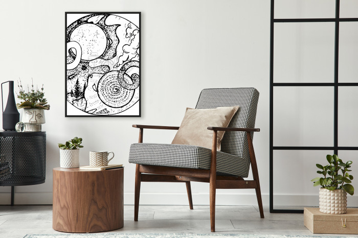 Plakat Ilustrowany symbol yin yang z dwoma kotami. Krajobrazy dnia i na ...