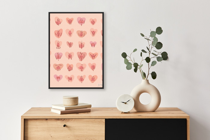 Plakat Cute pink vulva hearts pattern. Feminists symbol na wymiar ...
