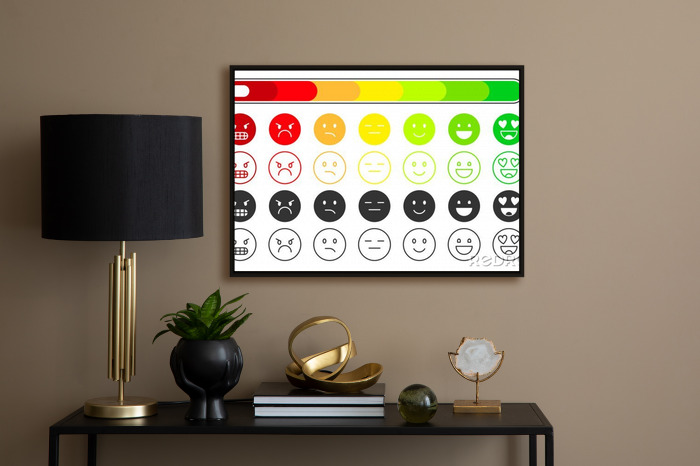 Plakat Emoji feedback score rating scale flat line set. Customer ...